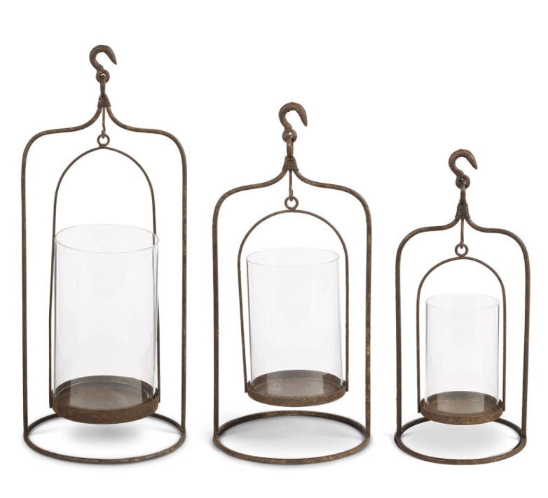 Rustic Metal Hanging Container w/ Swinging Hurricane Glass | Timber ...